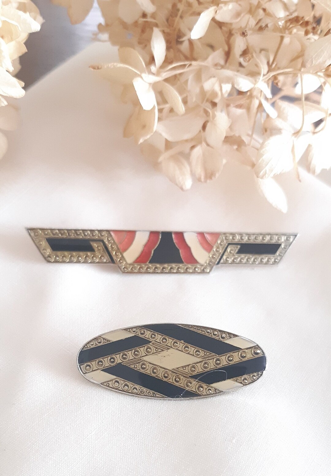 Vintage Pierre Bex Style Art Deco Brooches / Two Enamel Pins / Oval and ...