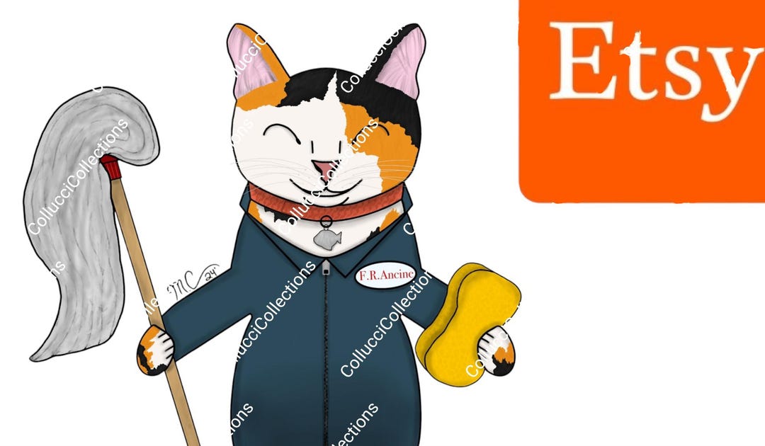Cleaning Cat Digital Drawing - Etsy