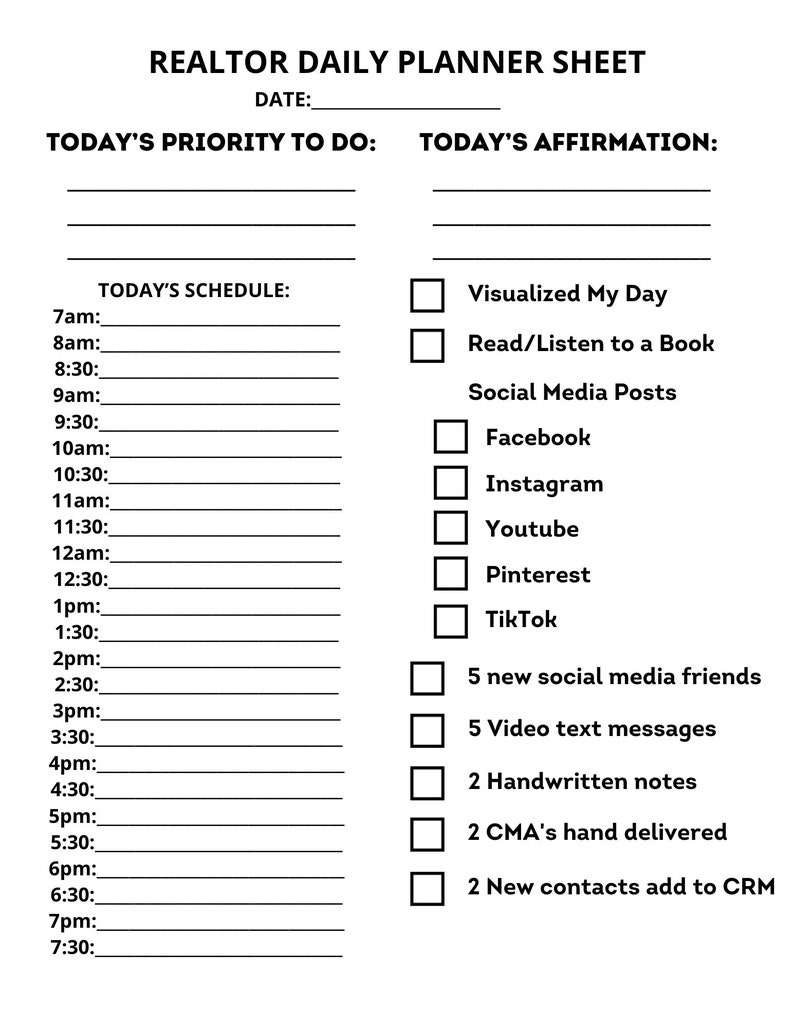 Realtor Daily Planner Sheet - Etsy