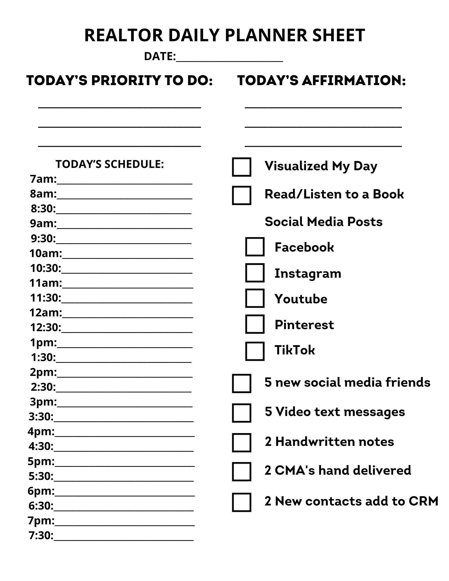 Realtor Daily Planner Sheet - Etsy