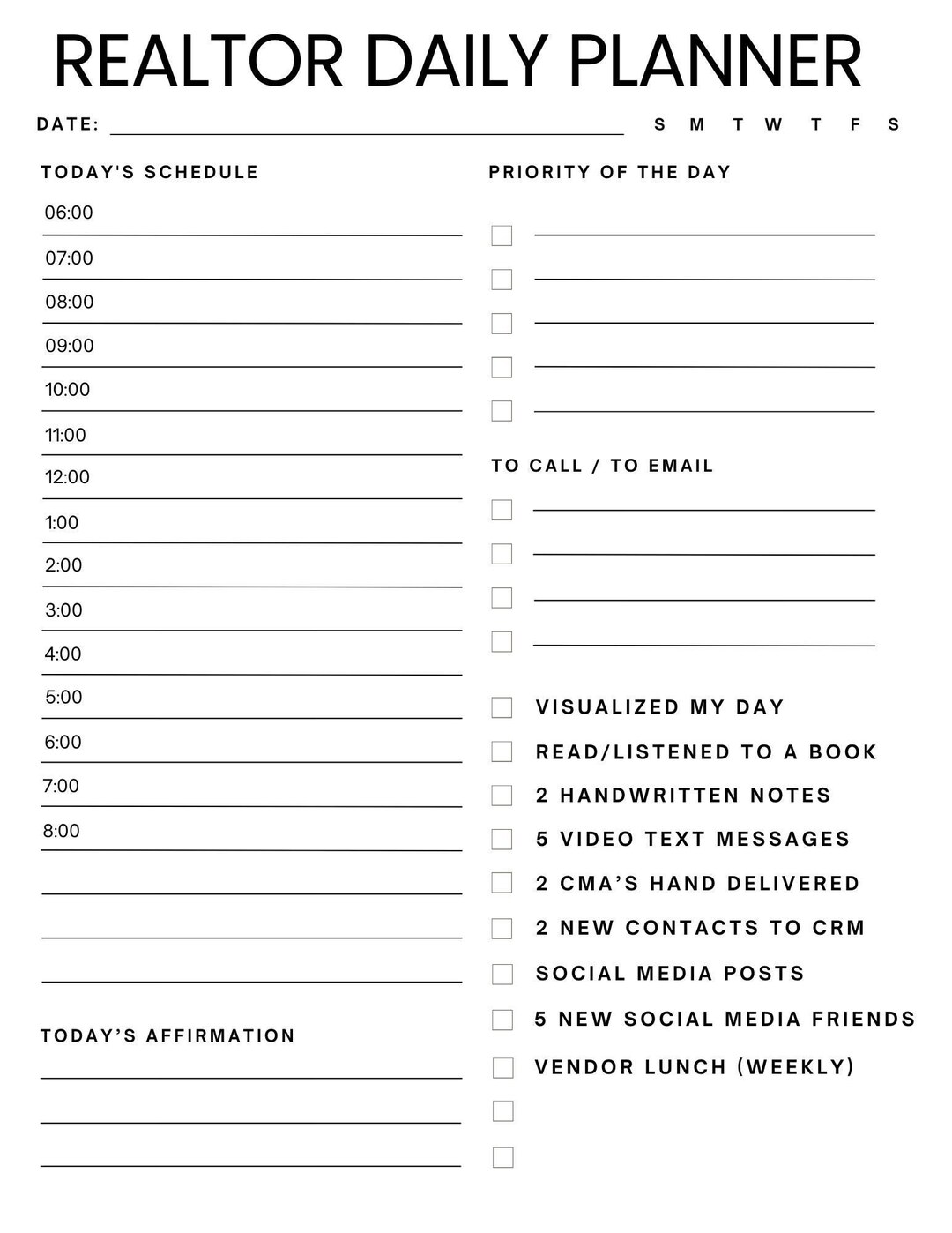 Realtor Daily Planner Sheet - Etsy