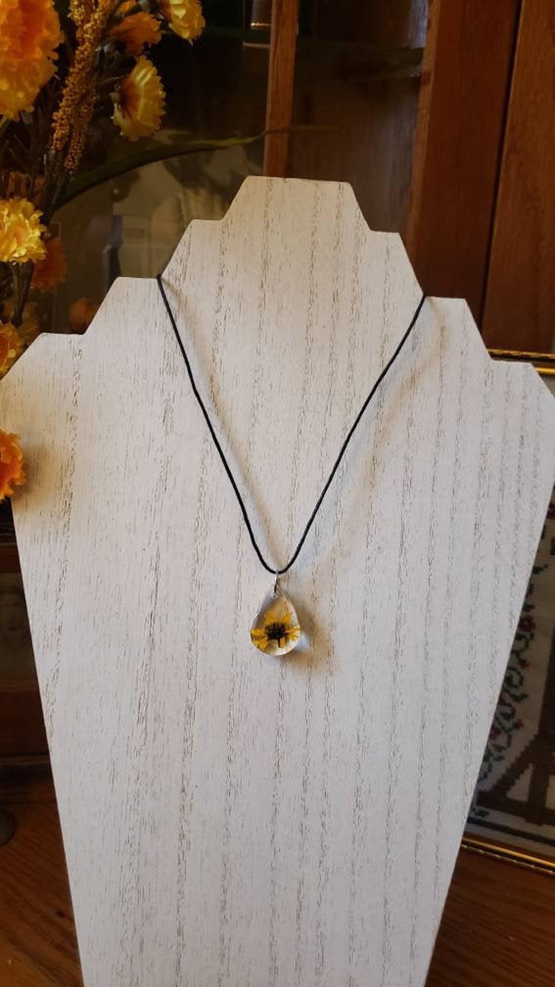 Yellow Biden Preserved in a Teardrop Resin Pendant on a Waxed Cotton ...