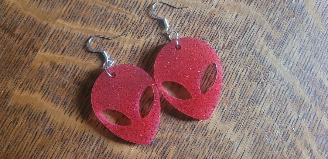 Cherry Red Dye + Red Glitter Resin Alien Earrings With Nickel Free ...