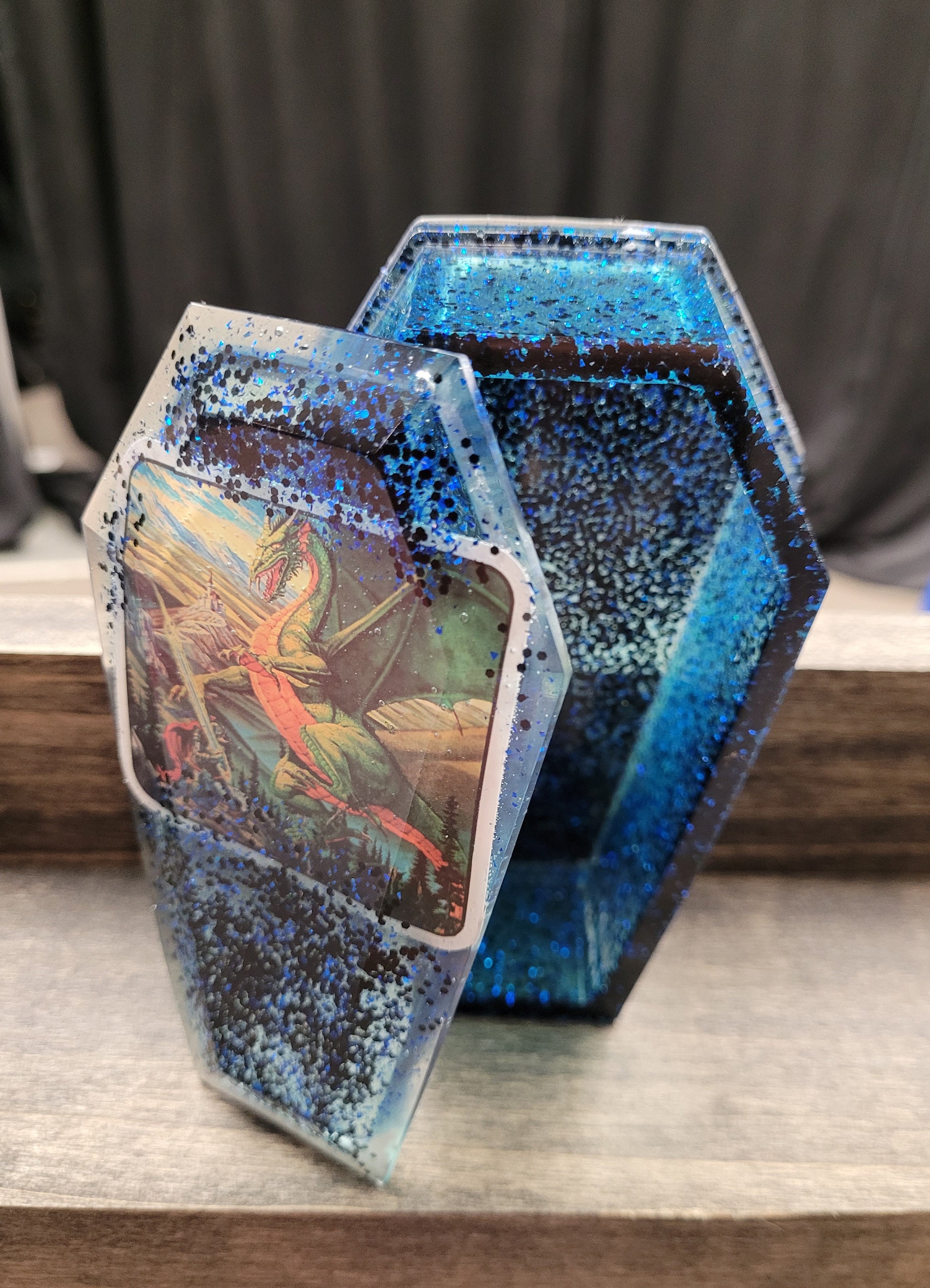 Blue Dye and Glitter Dnd Coffin With Dragon Graphic Great - Etsy