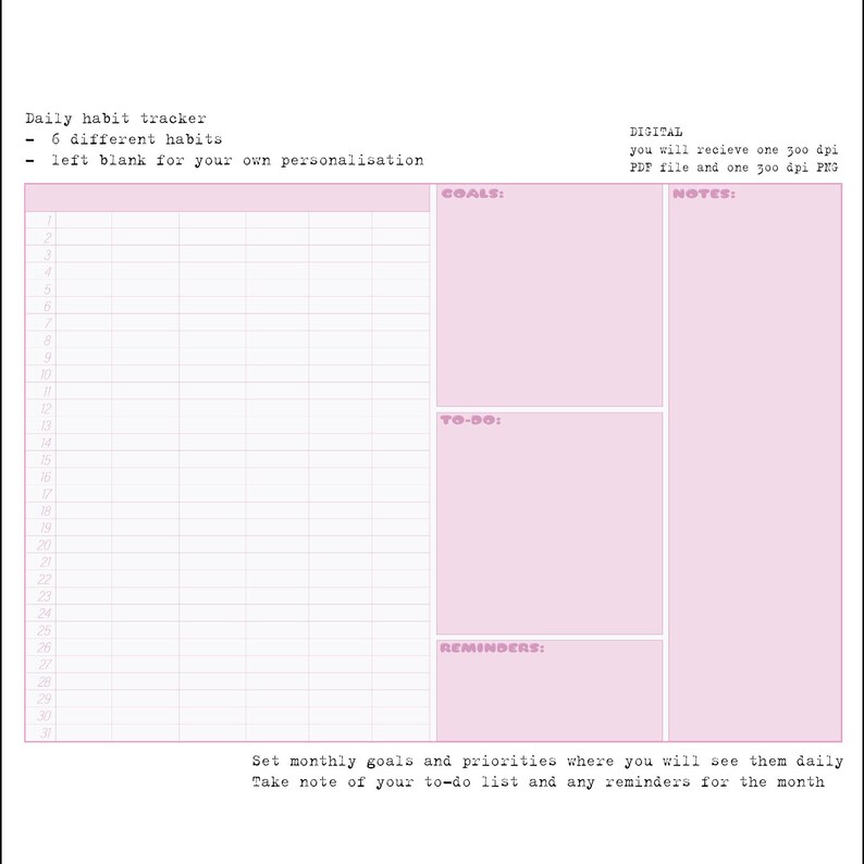 Minimalist Pink Daily Habit Tracker Digital Download Monthly Overview ...