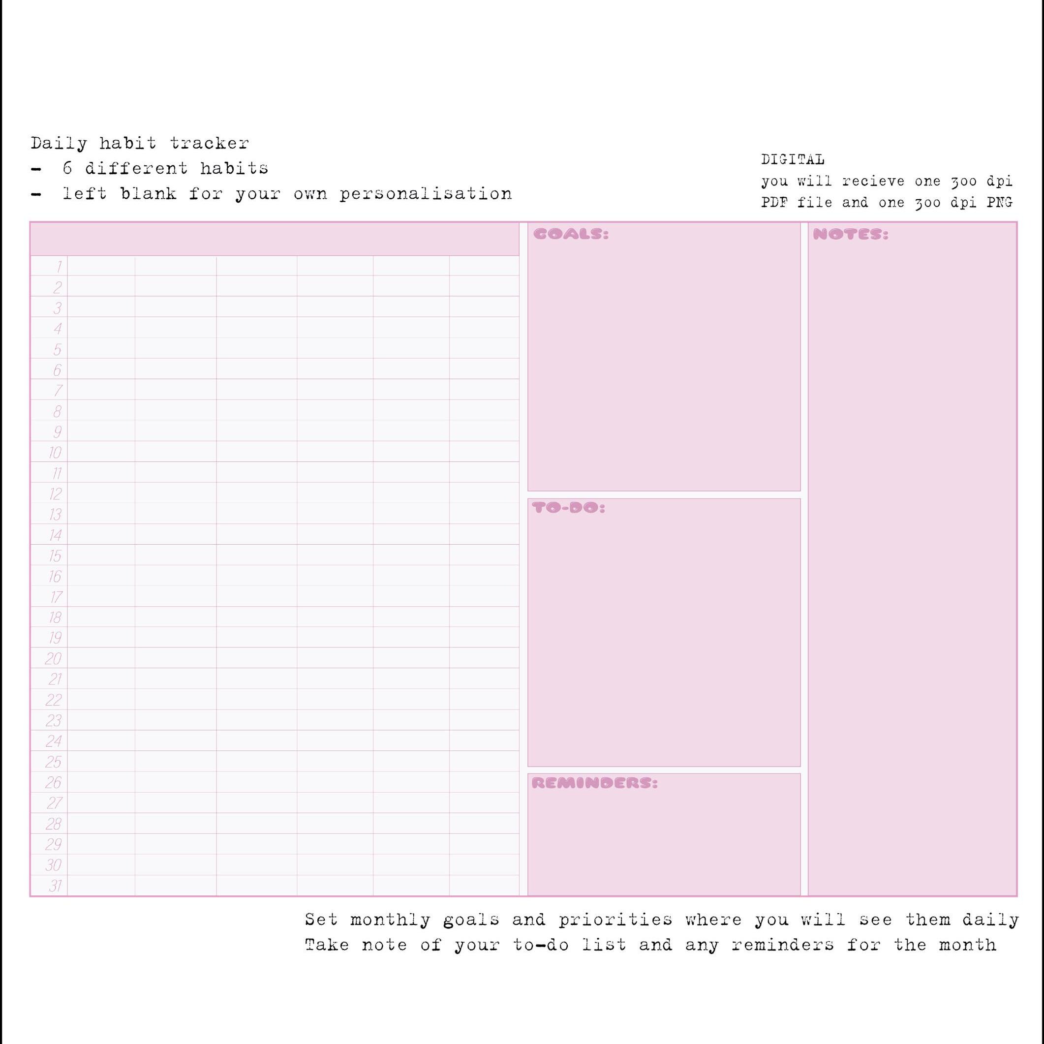 Minimalist Pink Daily Habit Tracker Digital Download Monthly Overview ...