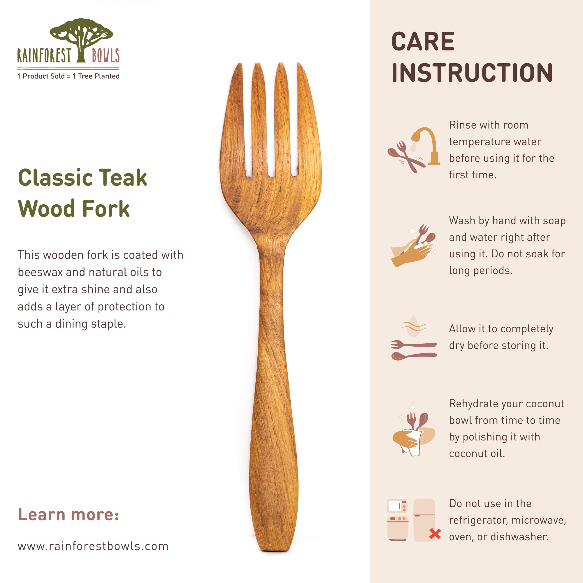 Classic Teak Wood Fork | Created by Indonesian Artisans | All-natural ...