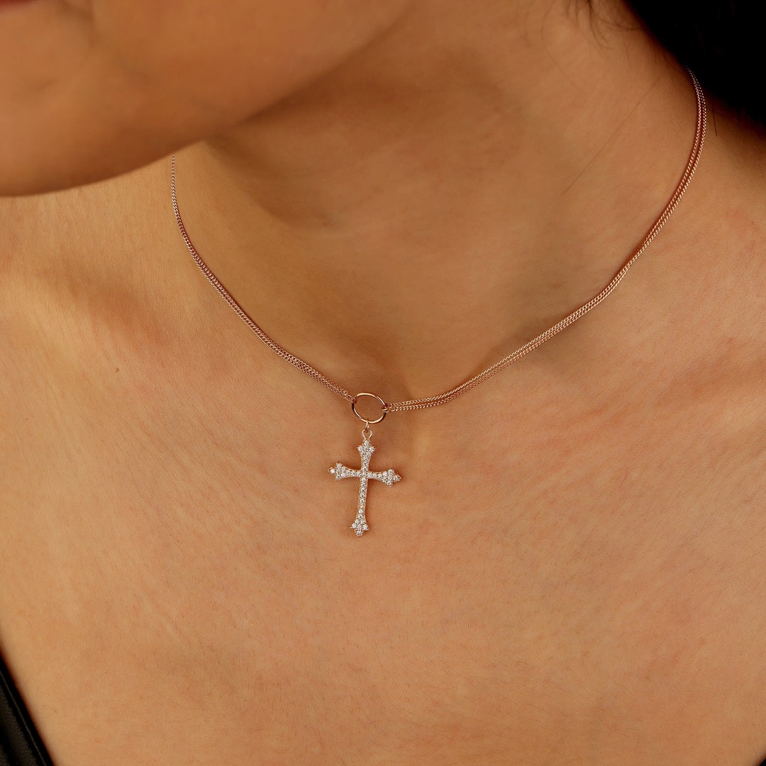 18K Gold Cross Necklace / Double Сhain Cross Necklace / Stones Cross ...