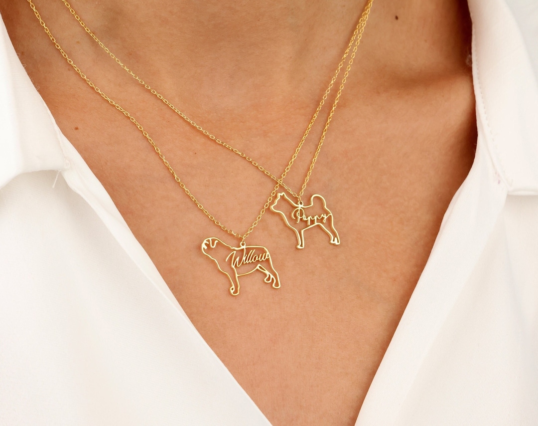 Dog Necklace, 18K Gold Dog Breed Silhouette Necklace, Silver Dog Name ...