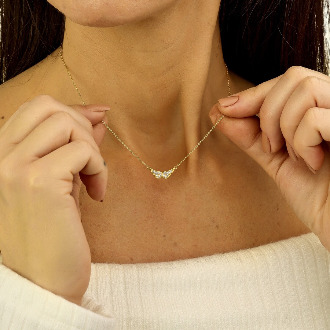 Gold Angel Wings Necklace, Minimalist Angel Wings Necklace With Stones ...