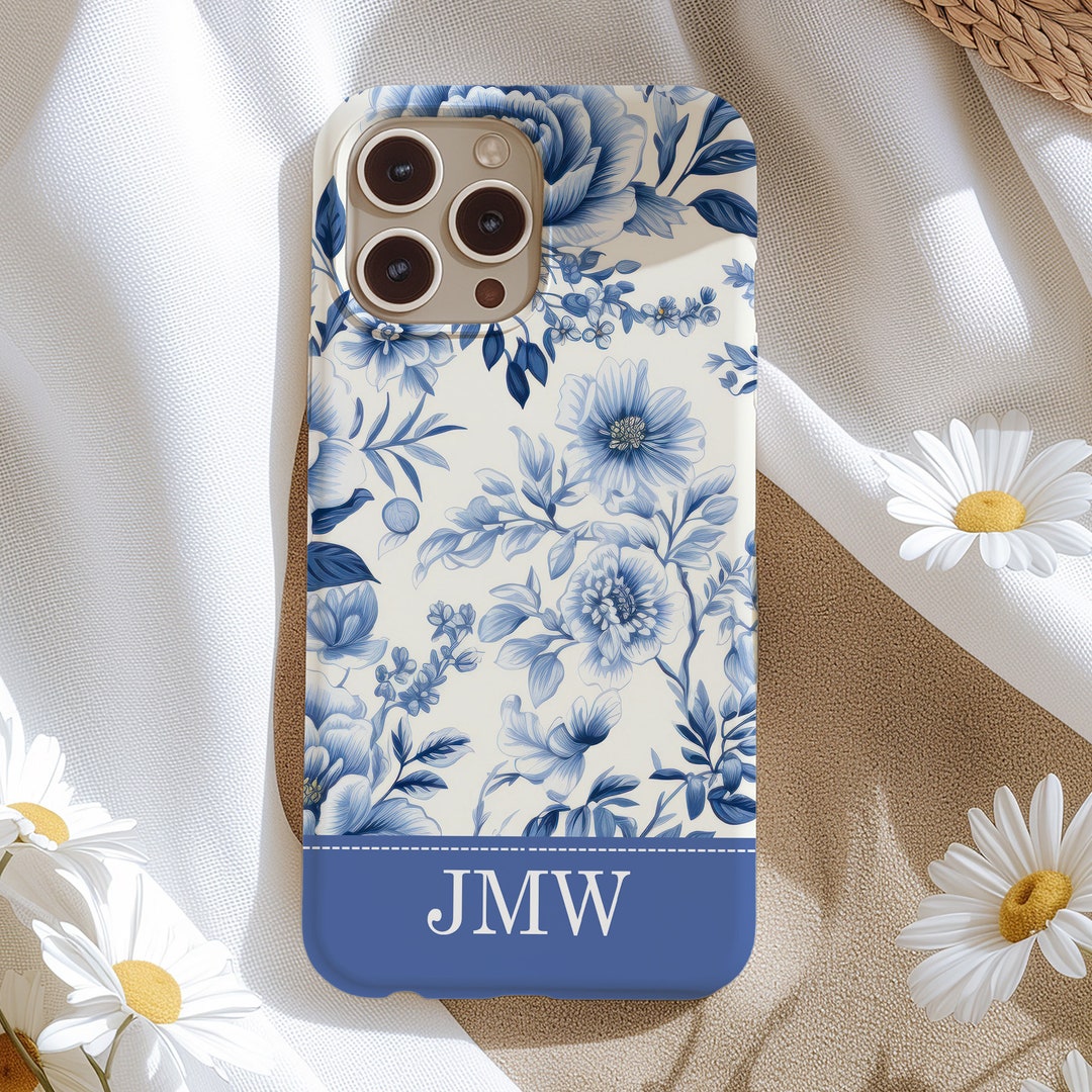 Blue French Toile Phone Case, Aesthetic Custom Name Phone Case, Floral ...
