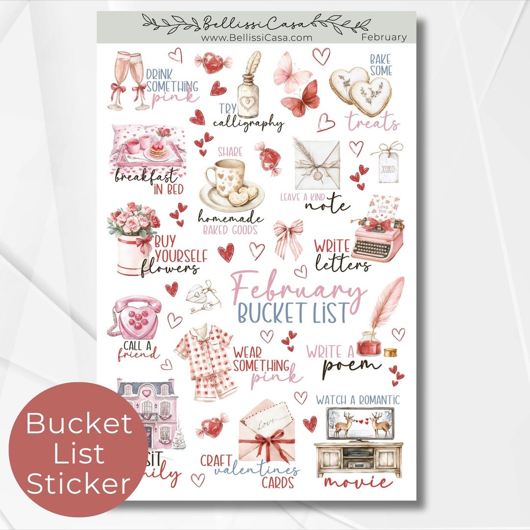 February Monthly Bucket List Sticker Sheet, Seasonal Planner Sticker ...