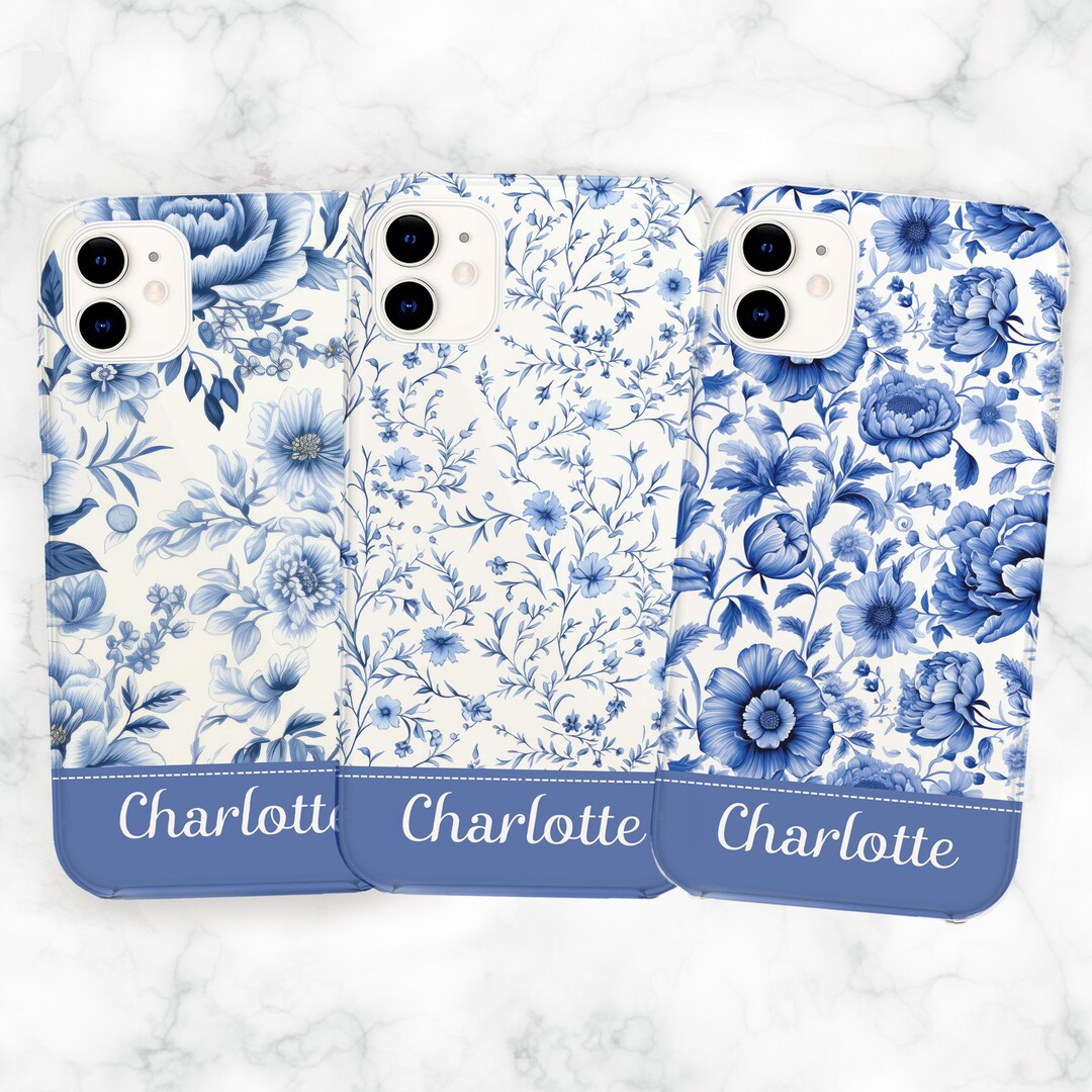 Blue French Toile Phone Case, Aesthetic Custom Name Phone Case, Floral ...