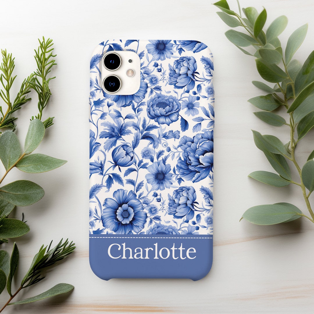 Blue French Toile Phone Case, Aesthetic Custom Name Phone Case, Floral ...