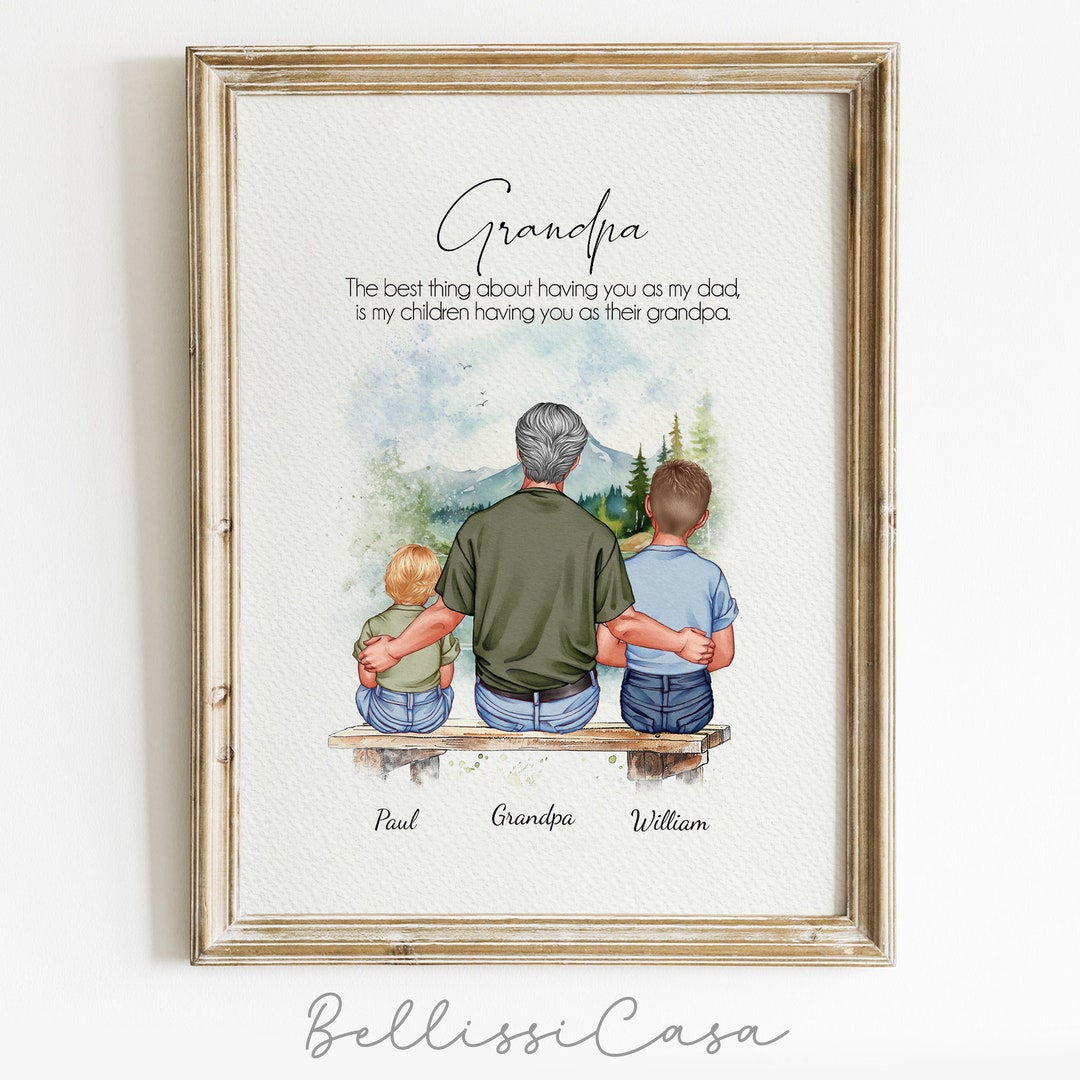 Personalized Gift for Grandpa Gift, Custom Watercolor Family Portrait ...