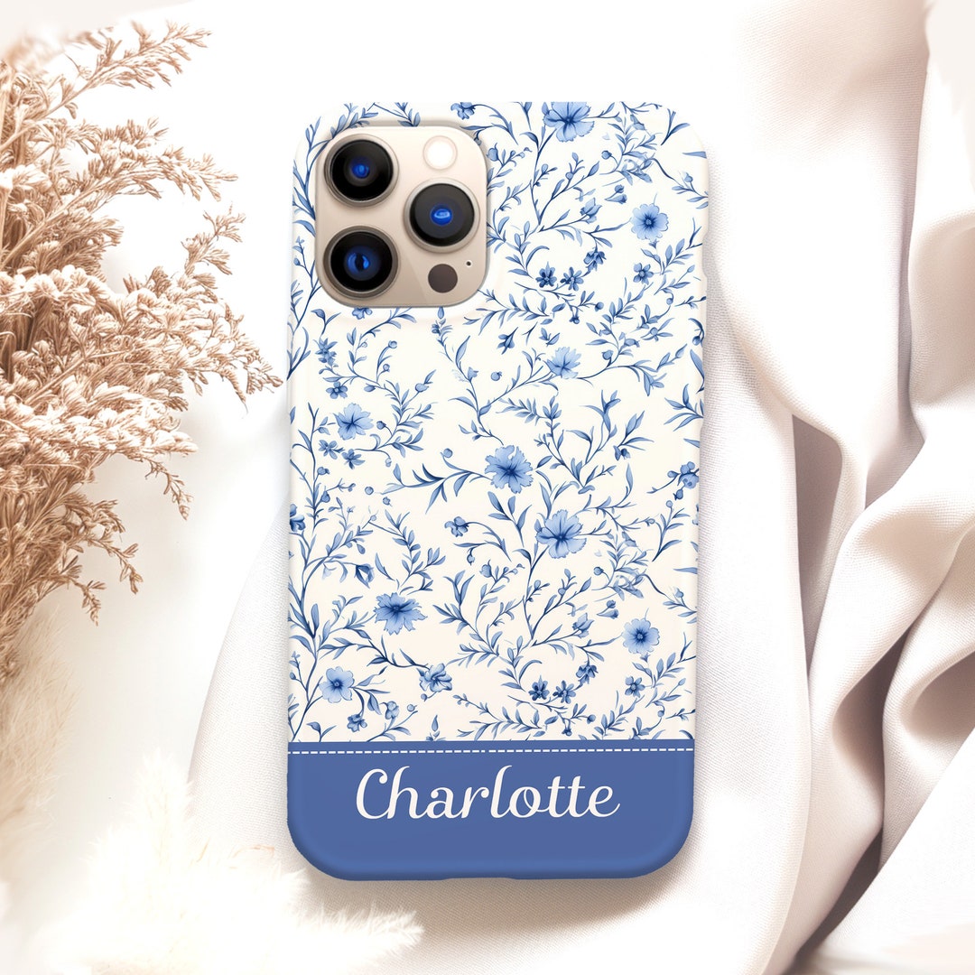 Blue French Toile Phone Case, Aesthetic Custom Name Phone Case, Floral ...