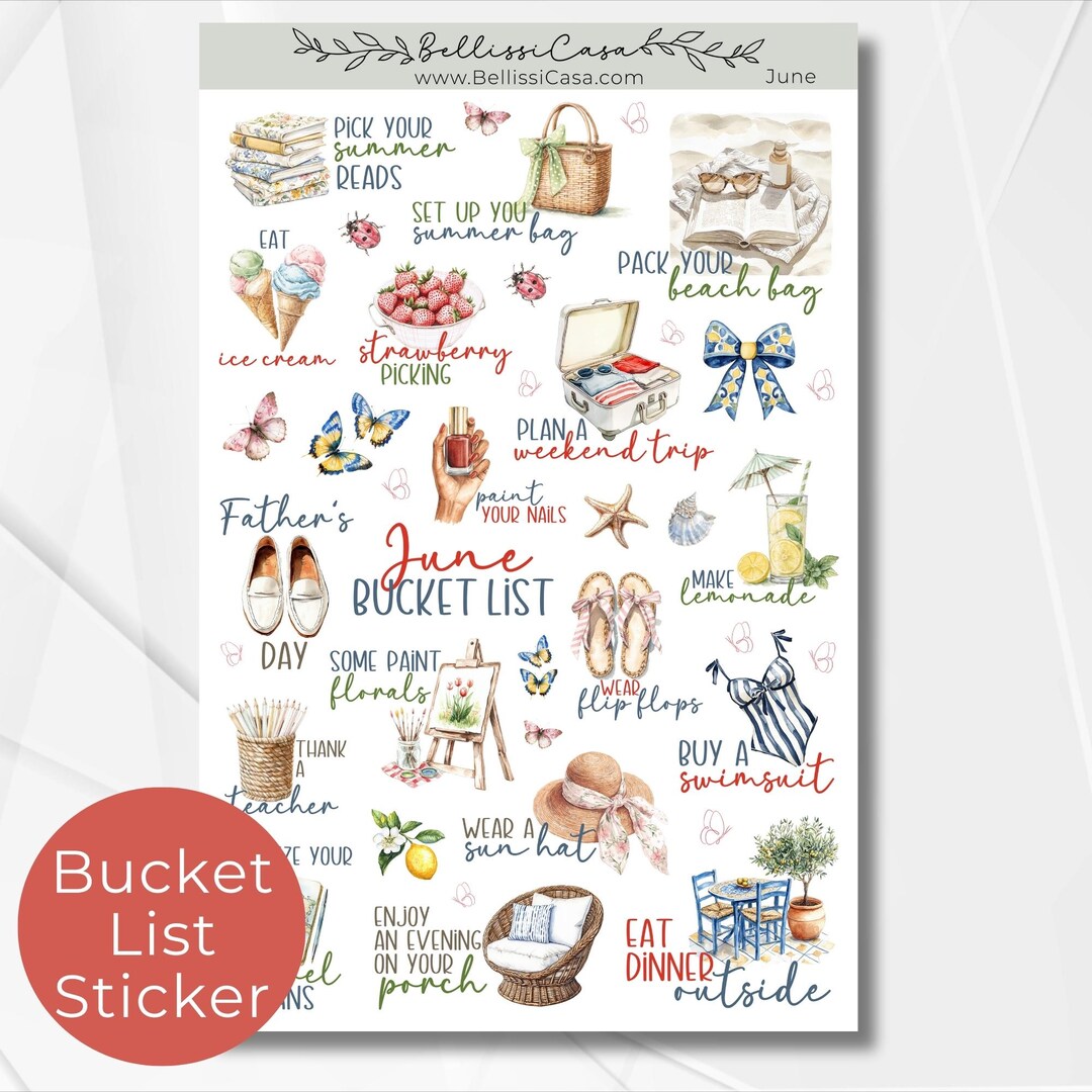 June Monthly Bucket List Sticker Sheet, Seasonal Planner Sticker ...