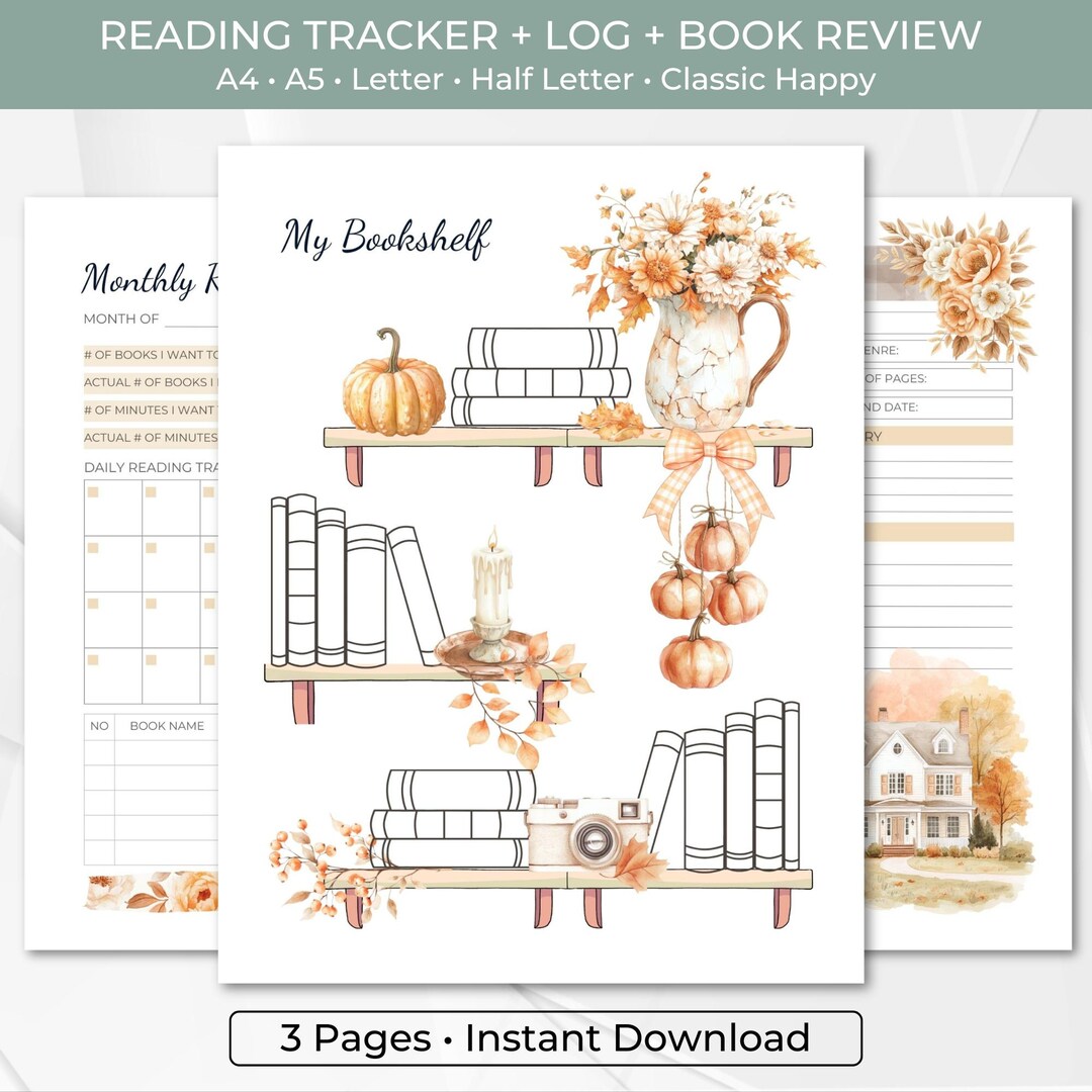 Fall Reading Log Bookshelf Tracker & Book Review Page Printable PDF for ...