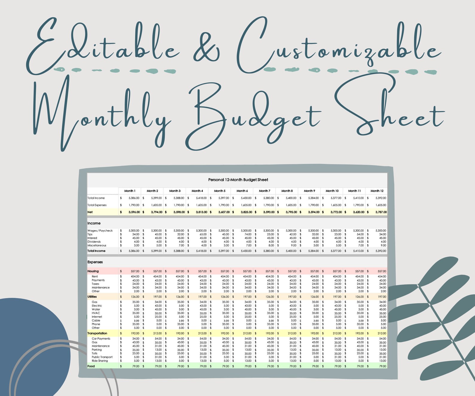 12-month Personal Budget Sheet Template - Etsy
