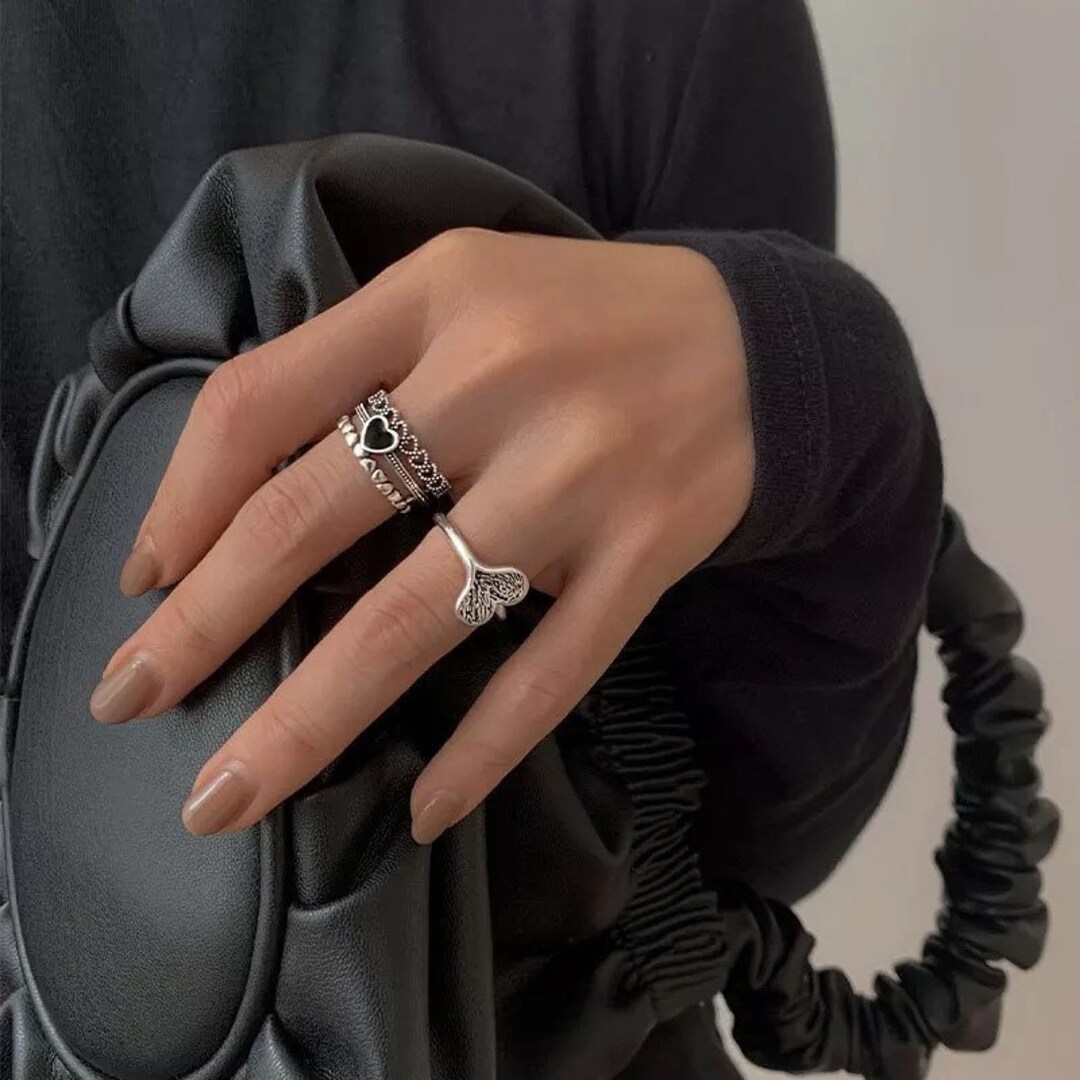 Adjustable Multi-layer Ring A Set of Rings Heart Ring Black - Etsy