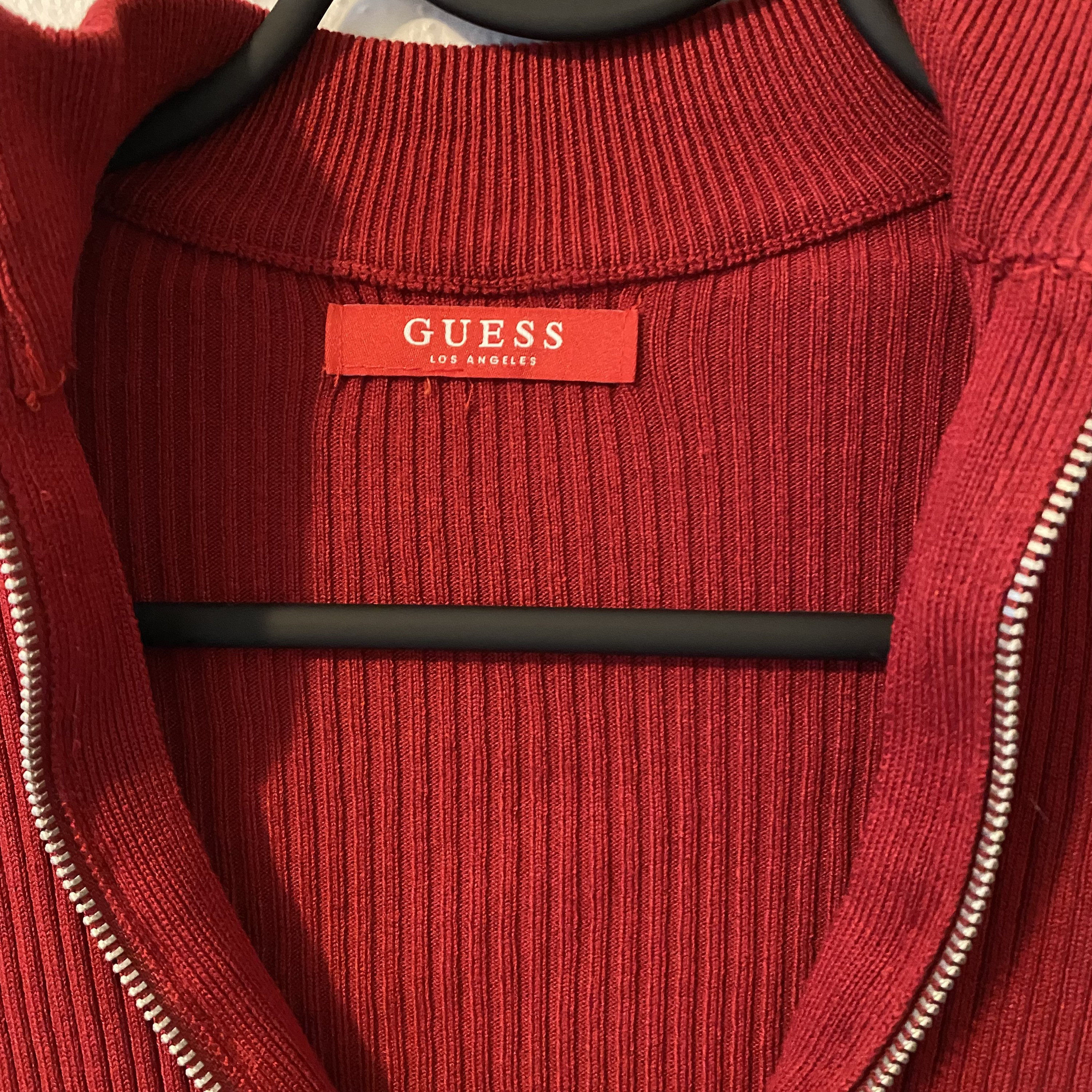 Vintage GUESS Ribbed Red Zipup Collared Sweater With GUESS Logo on Side ...