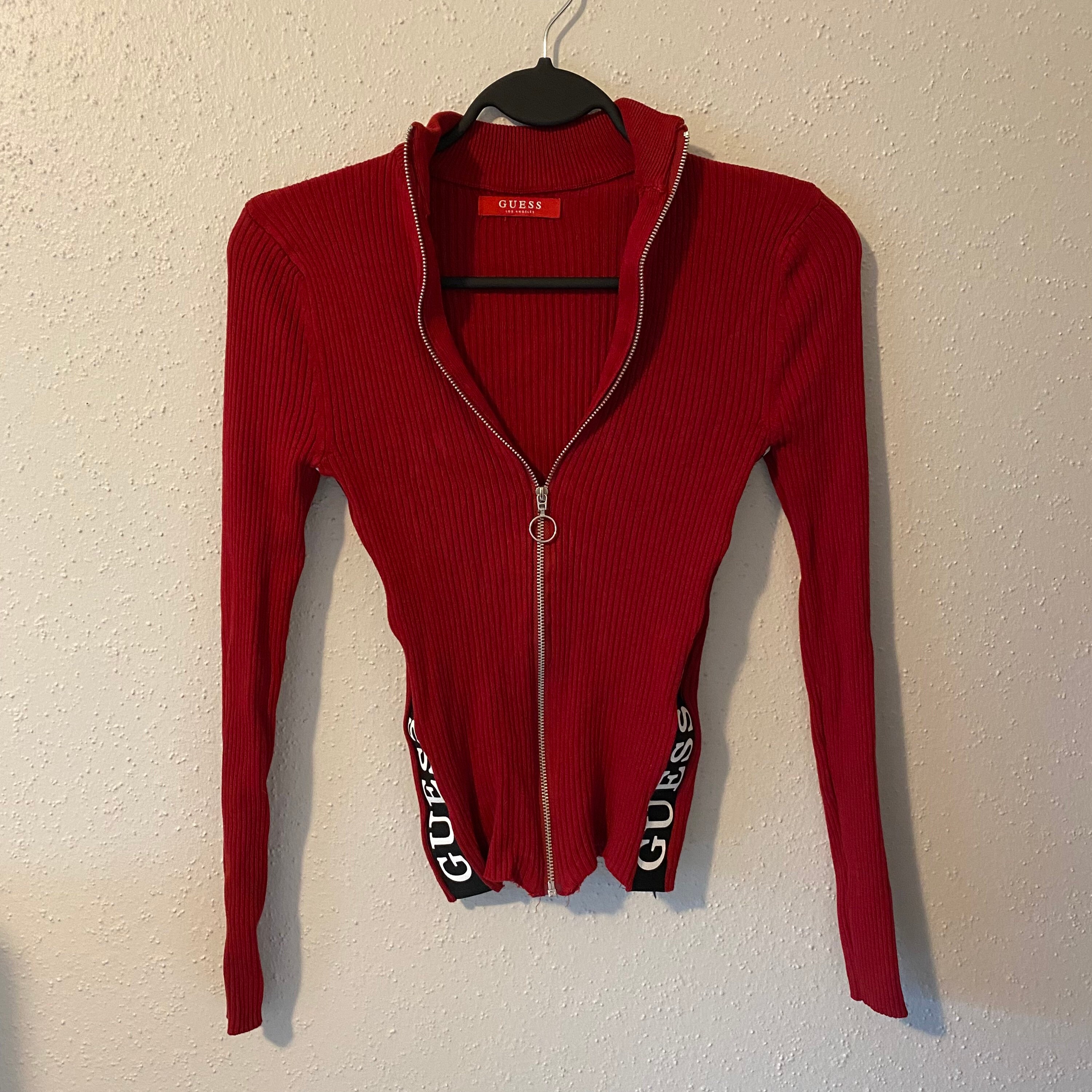 Vintage GUESS Ribbed Red Zipup Collared Sweater With GUESS Logo on Side ...
