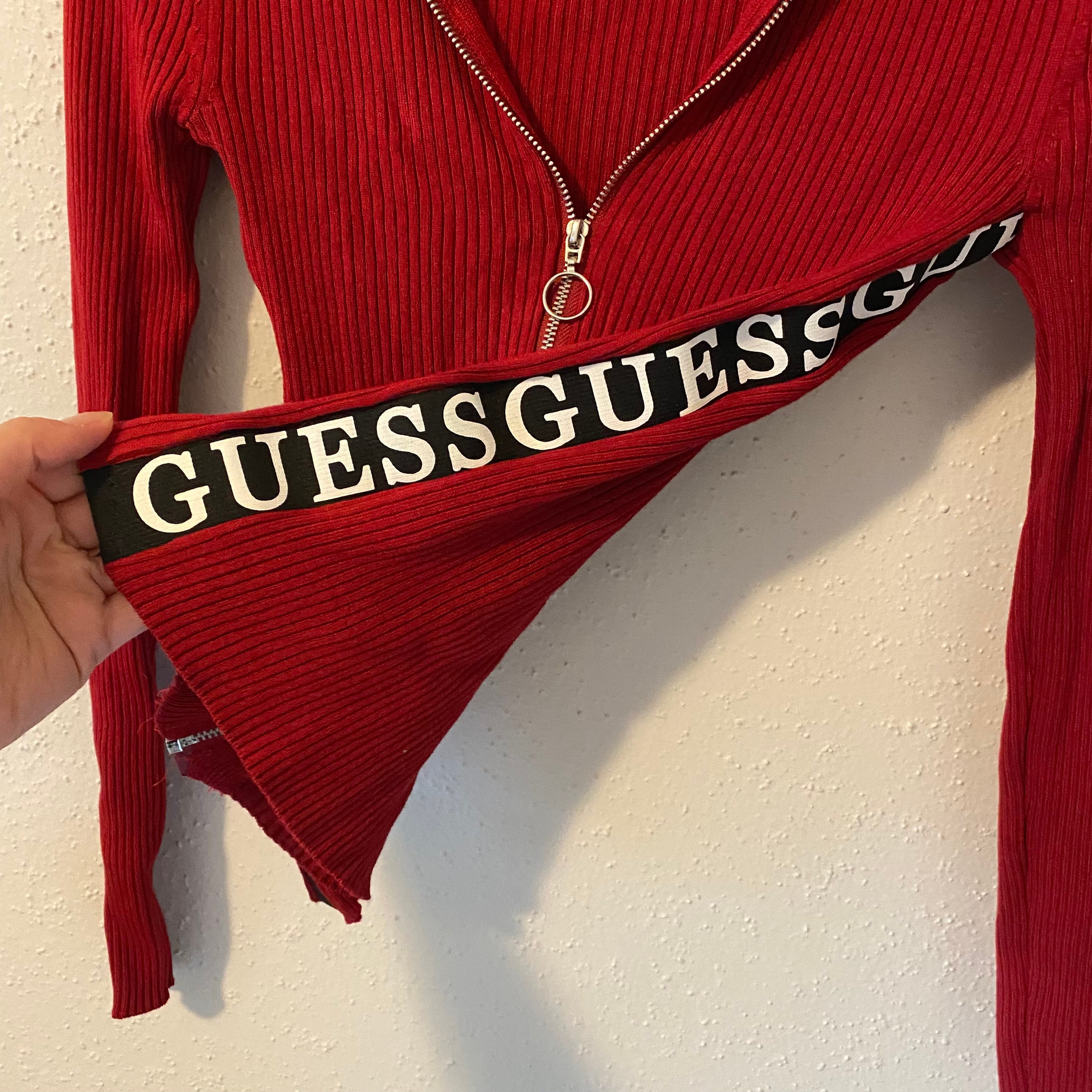 Vintage GUESS Ribbed Red Zipup Collared Sweater With GUESS Logo on Side ...