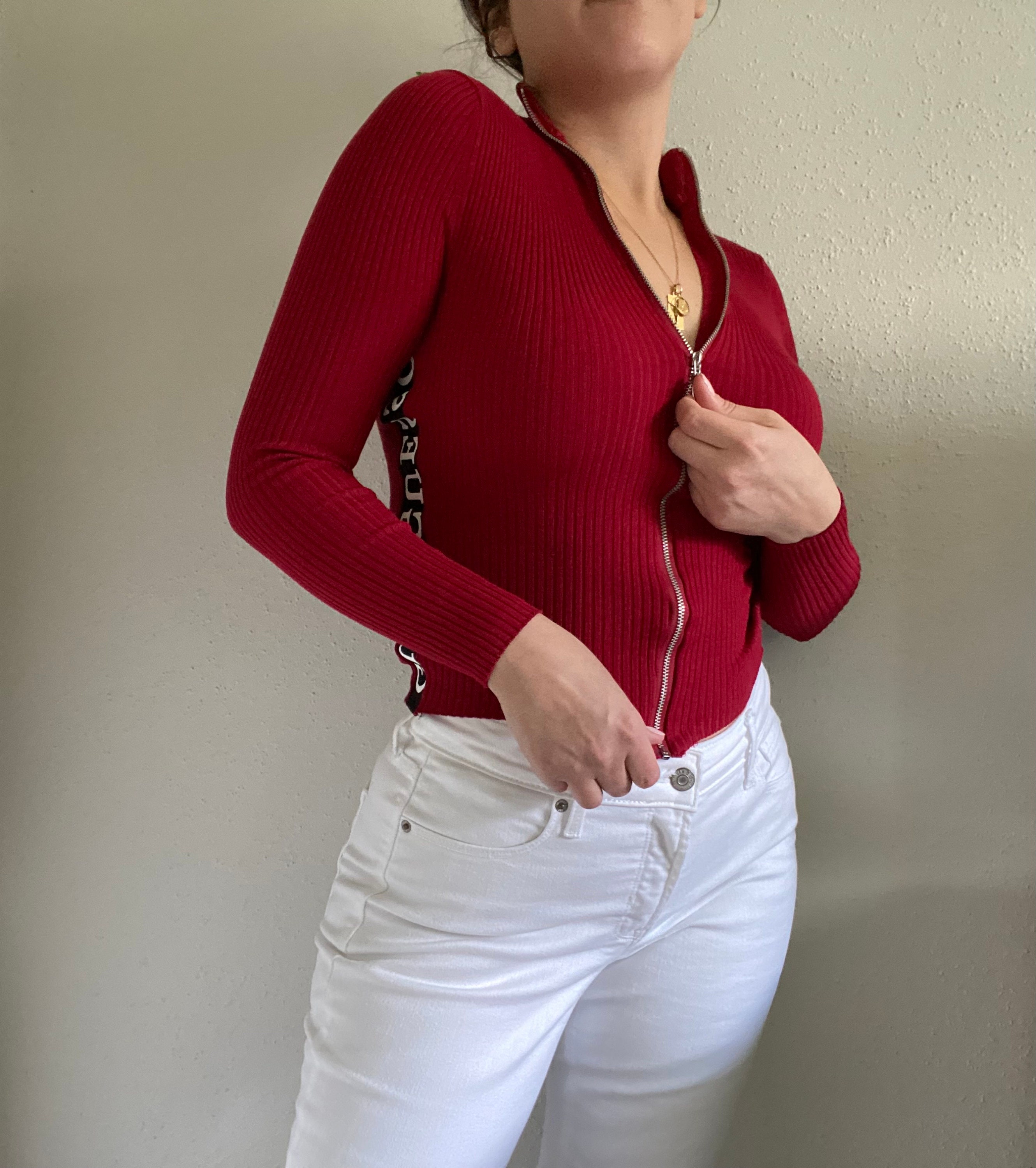 Vintage GUESS Ribbed Red Zipup Collared Sweater With GUESS Logo on Side ...