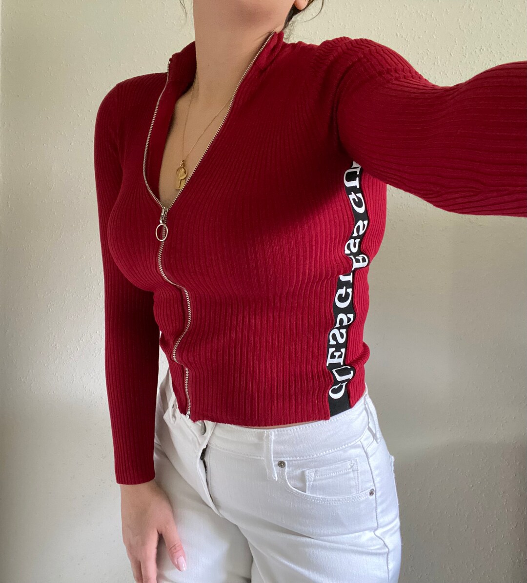 Vintage GUESS Ribbed Red Zipup Collared Sweater With GUESS Logo on Side ...