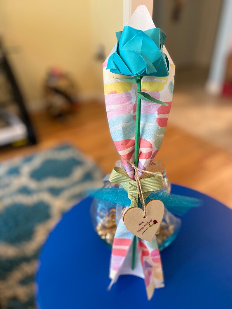 Origami Rose Wrapped in Special Sparkly Turquoise Macaroon Paper With ...
