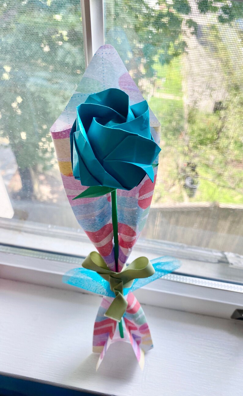 Origami Rose Wrapped in Special Sparkly Turquoise Macaroon Paper With ...