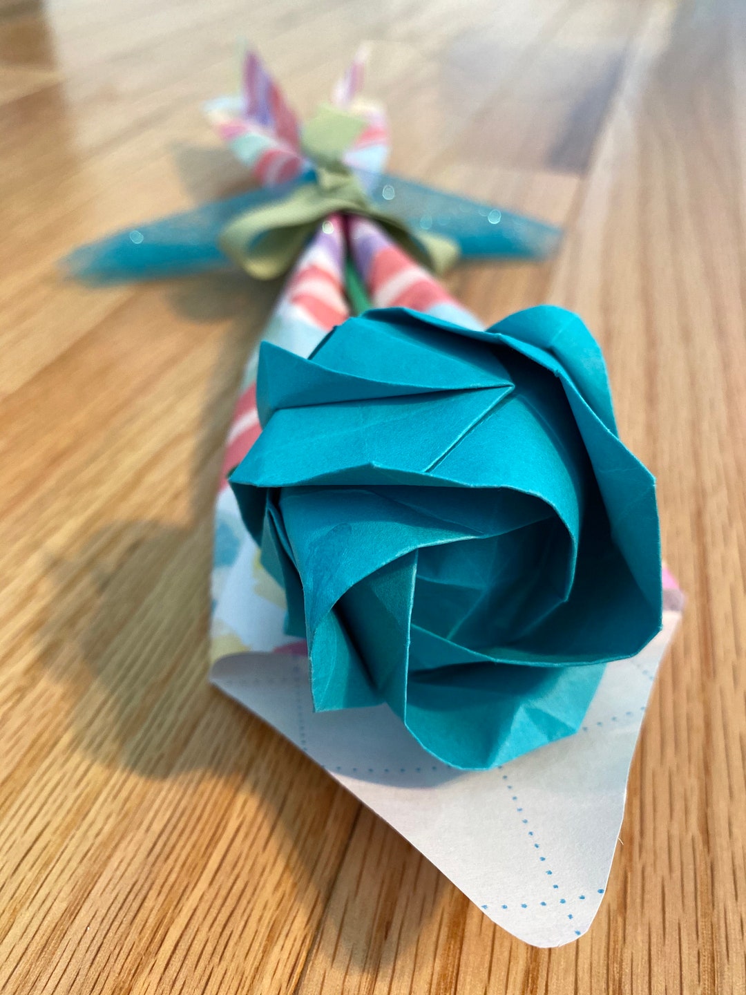 Origami Rose Wrapped in Special Sparkly Turquoise Macaroon Paper With ...