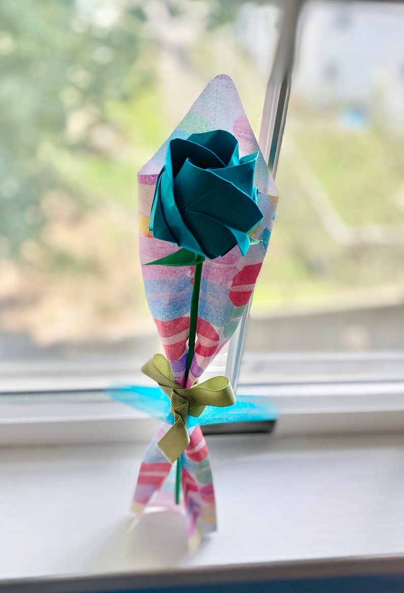 Origami Rose Wrapped in Special Sparkly Turquoise Macaroon Paper With ...