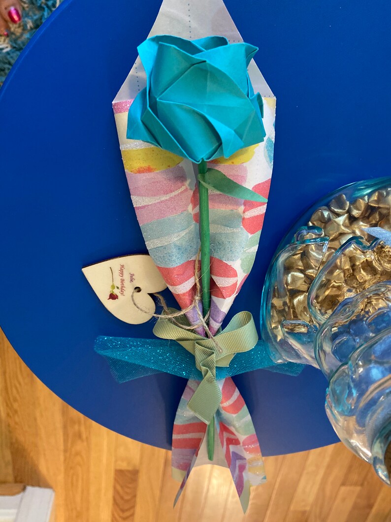 Origami Rose Wrapped in Special Sparkly Turquoise Macaroon Paper With ...