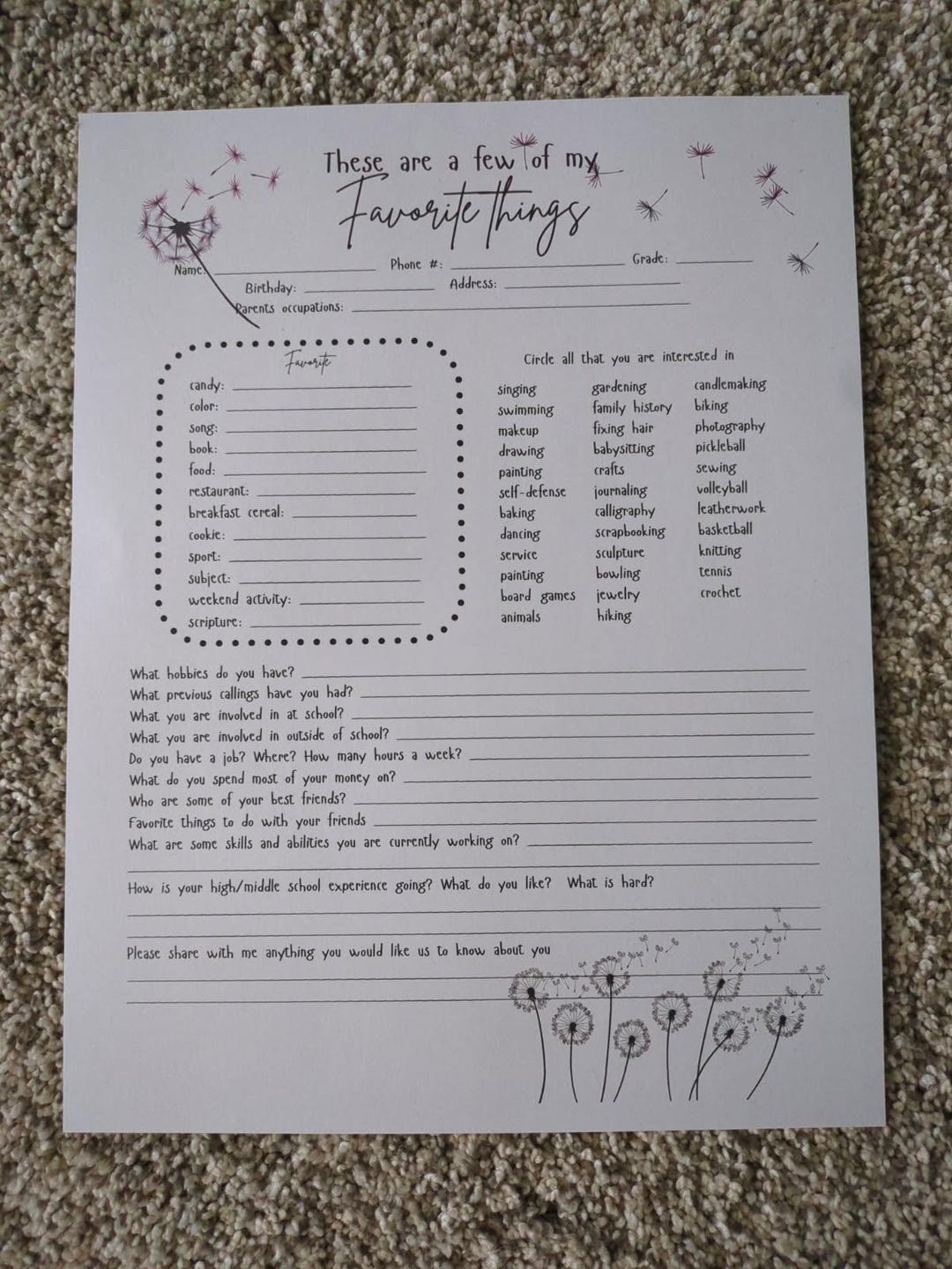 Get to Know You Survey, Favorite Things Printable (digital Download) - Etsy