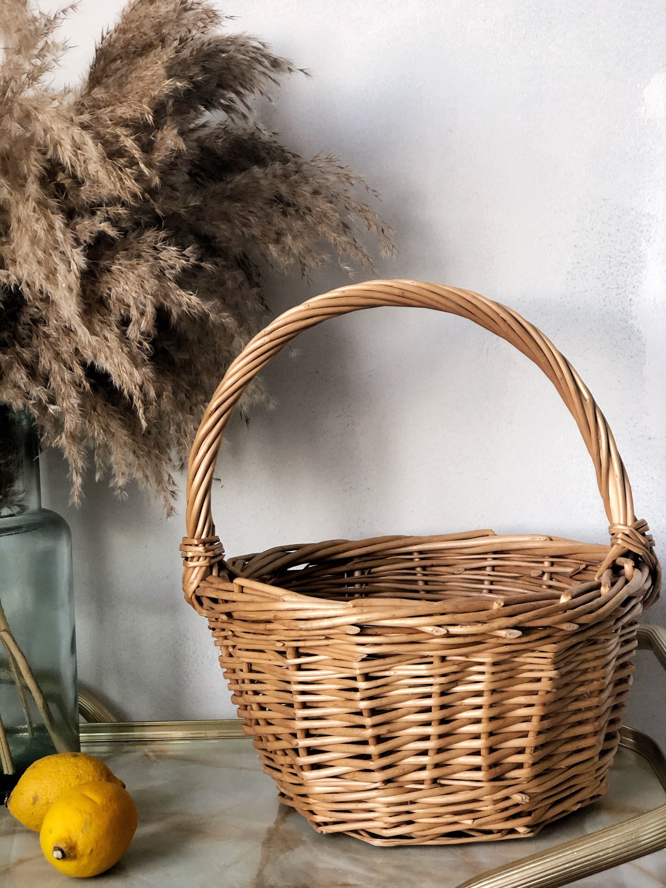Vintage Wicker Basket With Handle 1970's Boho - Etsy