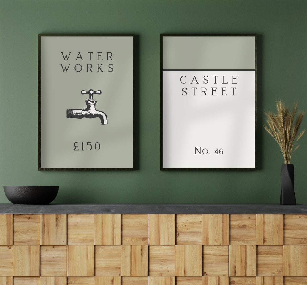 Personalised Set of Two 2 Vintage Monopoly Art Prints, Bathroom Art ...