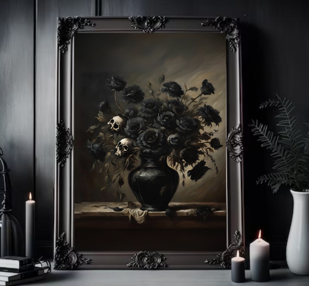 Gothic Vintage Style Painting of Black Flowers and Skulls, Gothic Art ...