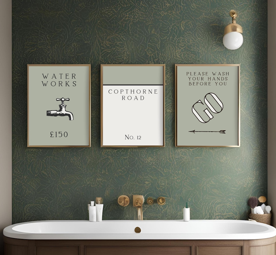 Personalised Set of Three 3 Vintage Monopoly Art Prints, Bathroom Art ...