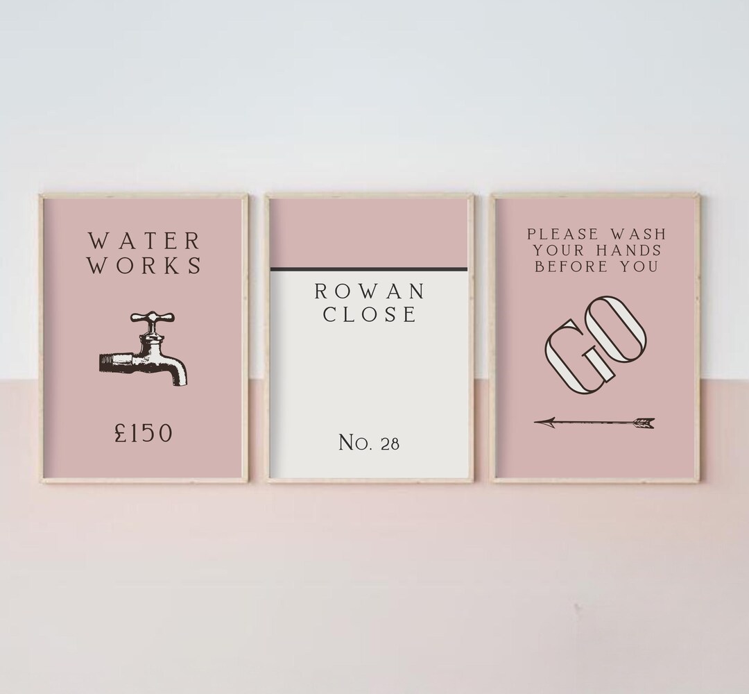 Personalized Pink Monopoly Bathroom Art Prints, Set of 3 - Etsy