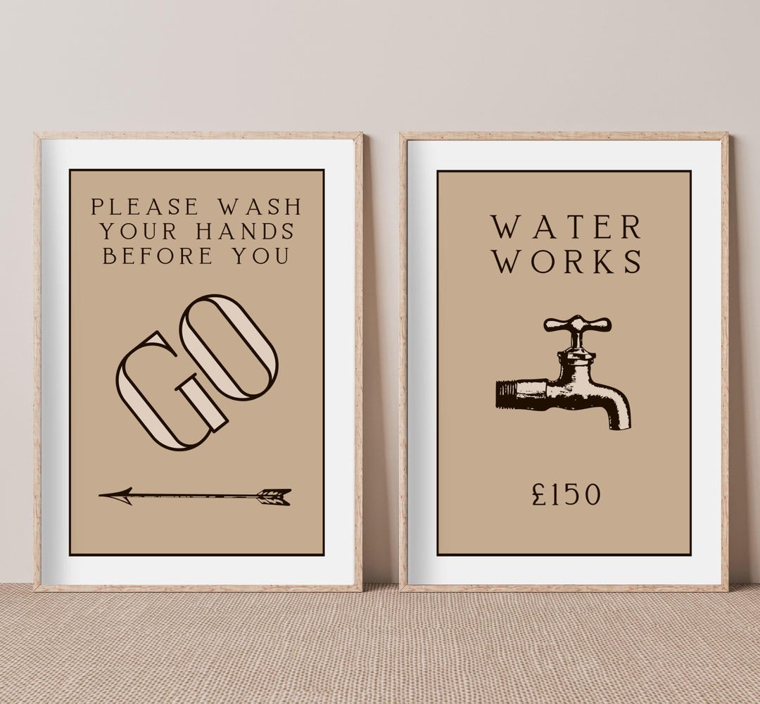 Vintage Monopoly Bathroom Art Prints: Beige Tap & Hand Washing (digital ...