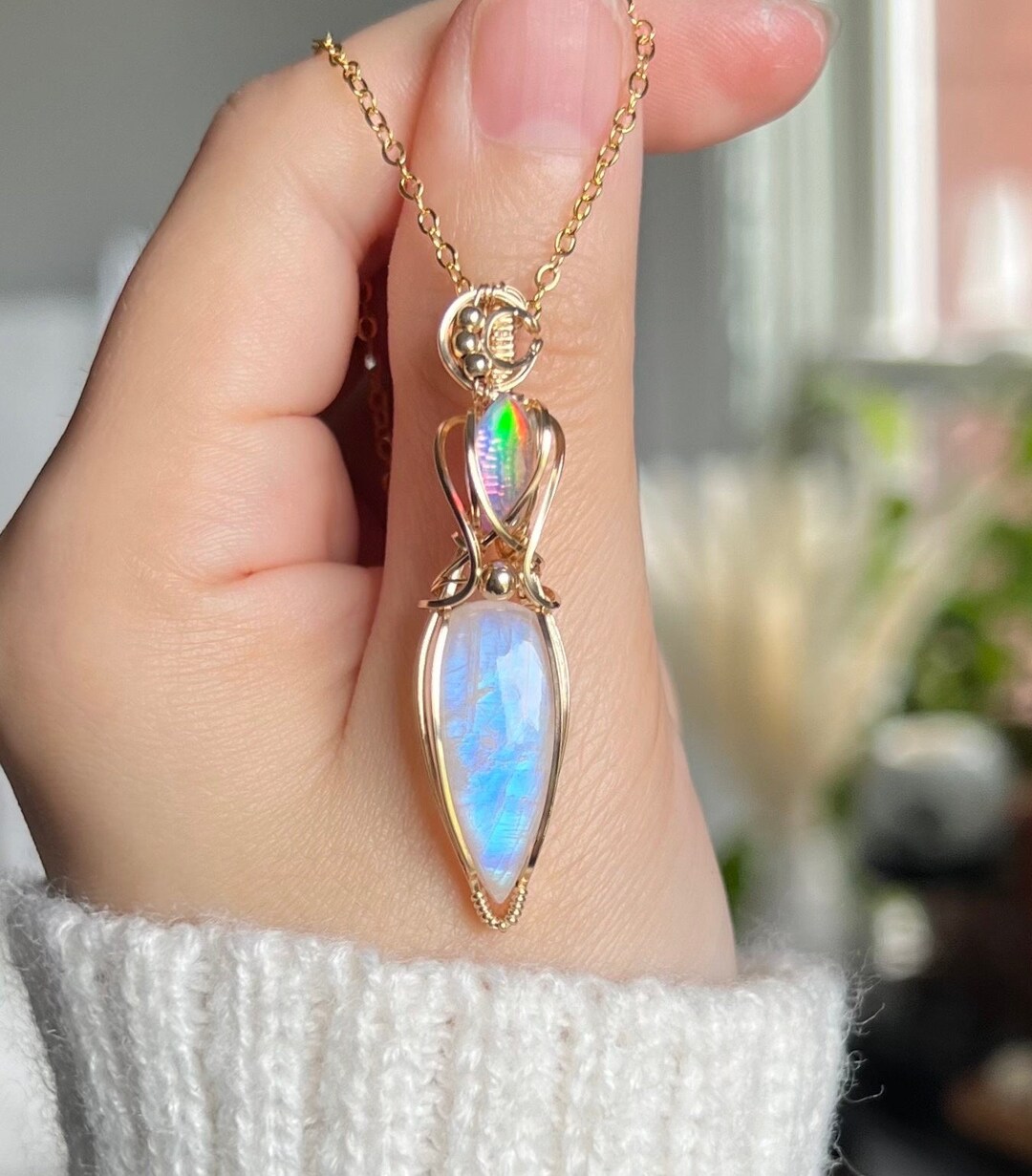 Aurora Opal Moon & Moonstone in 14k Goldf, Opal Pendant, Moonstone ...