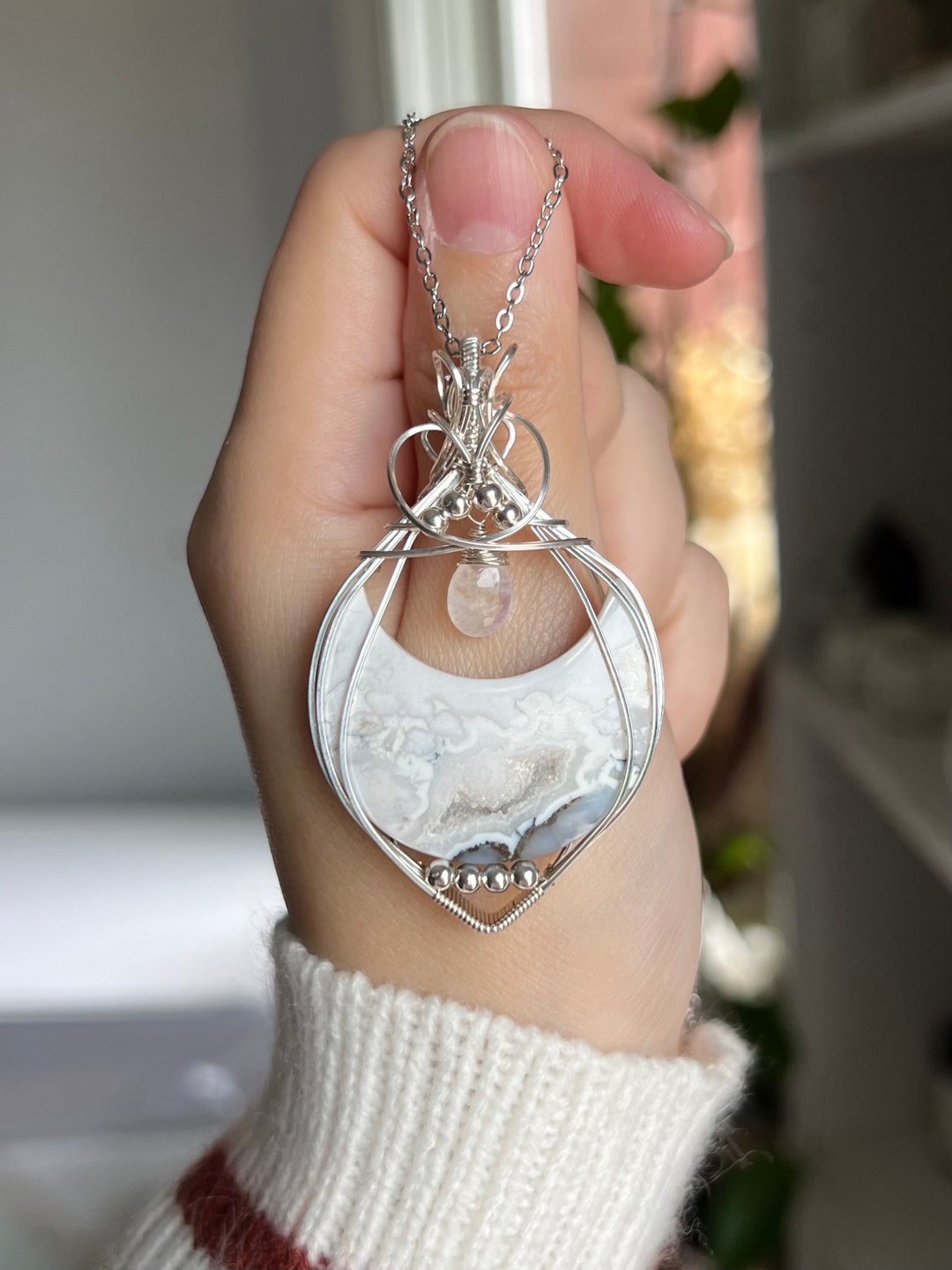 Agate Moon & Moonstone in Silver, Agate Crescent Moon, Moon Jewelry ...