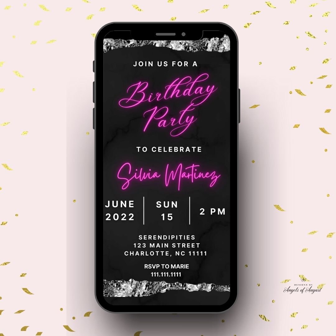 Black Neon Pink Party Digital Invitation Instant Download Girl ...