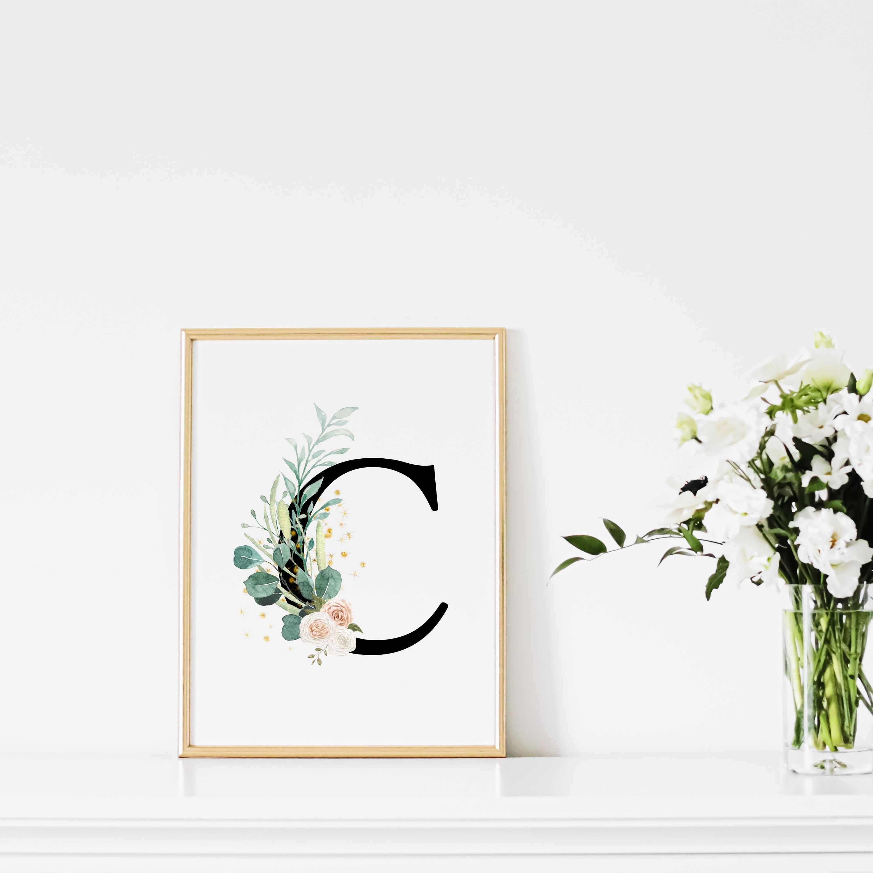 Floral Eucalyptus Black Letter C Print | First Initial | Monogram ...