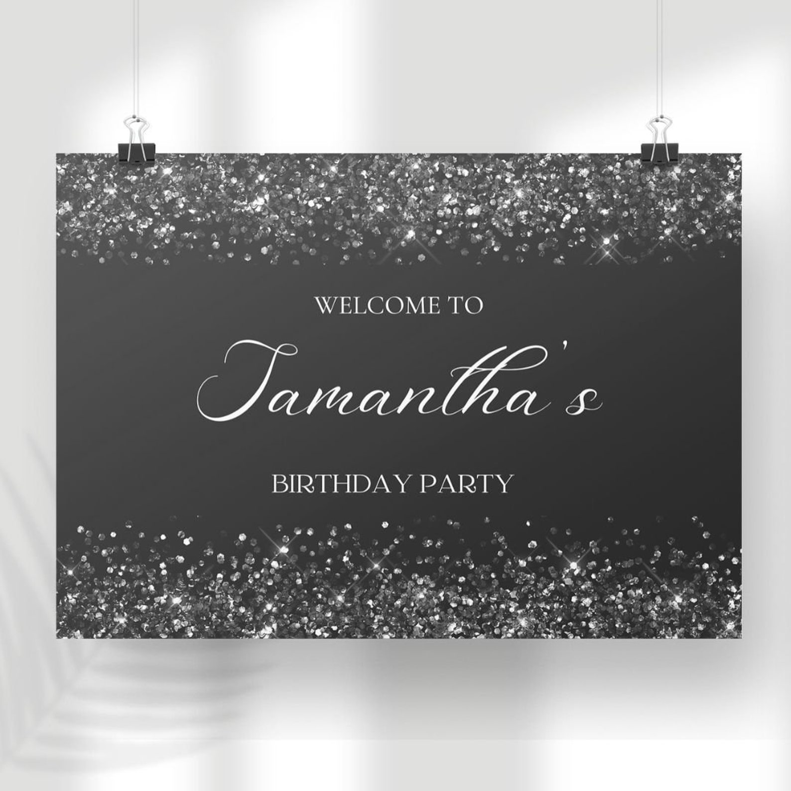 Printable Birthday Party Sign Instant Download Black Silver Glitter ...