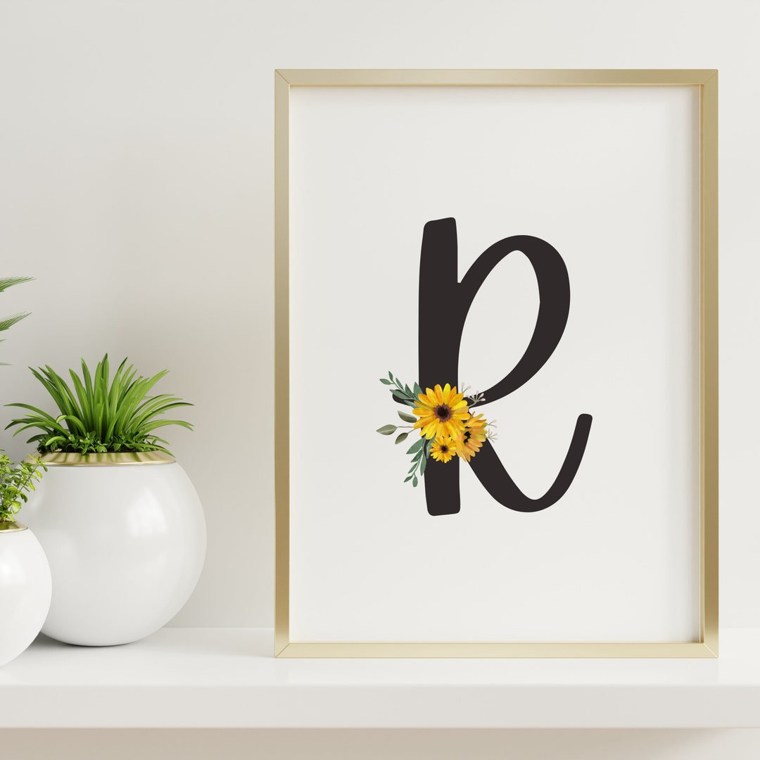 Sunflower Black Letter R Print | First Initial | Monogram Nursery Wall ...
