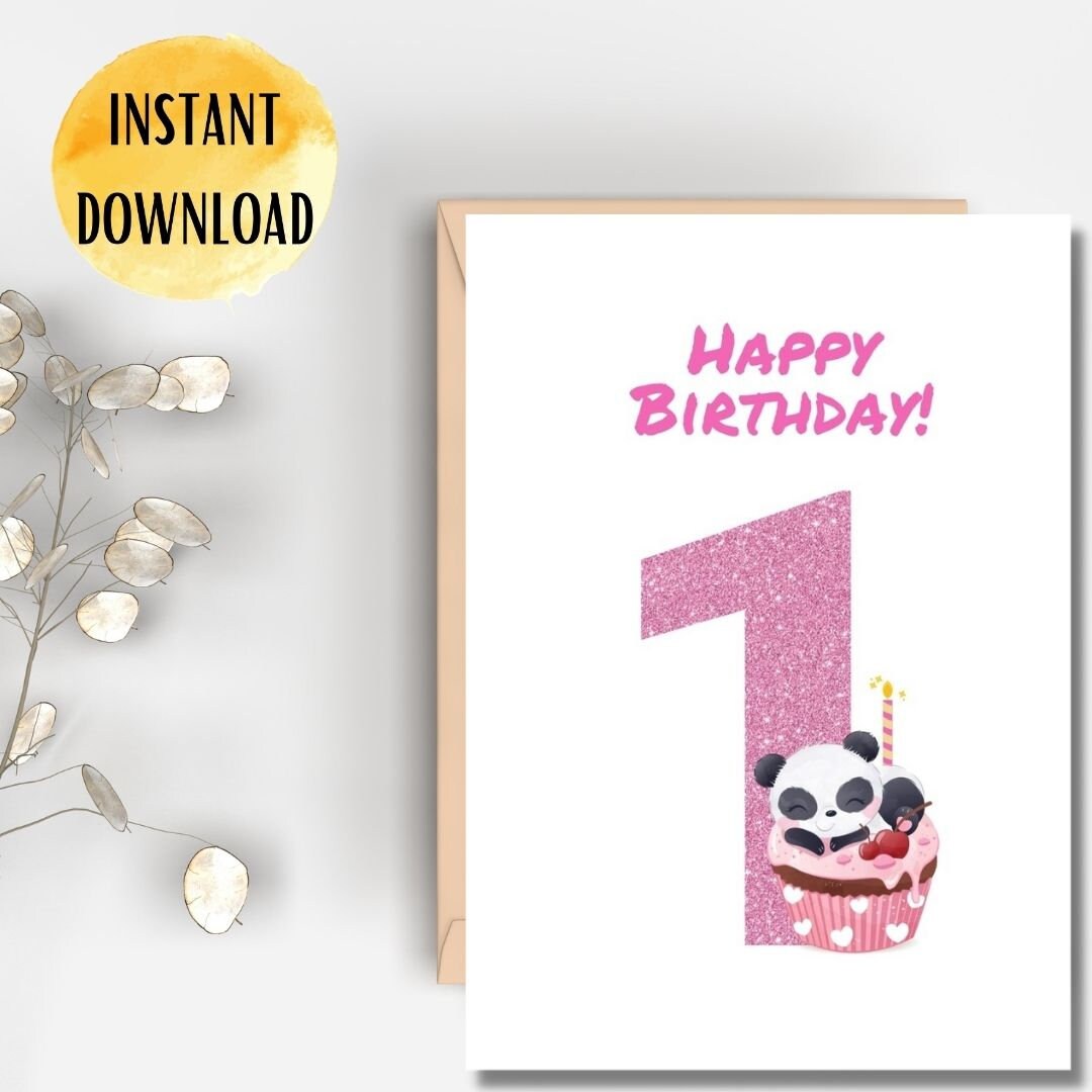 Happy 1st Birthday Card Instant Download Panda Birthday Card Digital ...