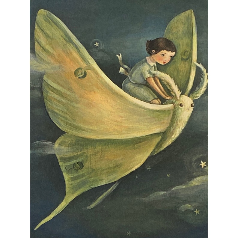 Nursery Art Print Girls Room Little Girl Riding Moth Butterfly Fairy ...