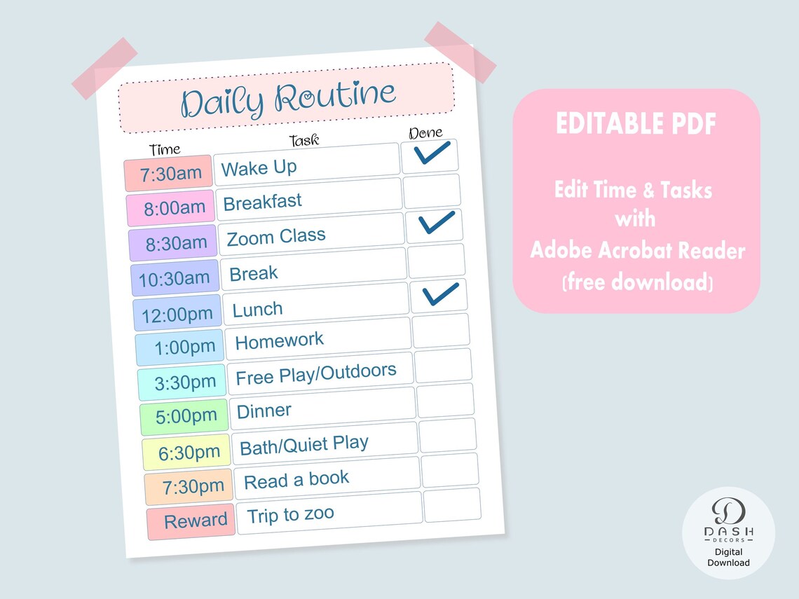 Editable Daily Routine Chart & Chore Chart for Kids Printable Reward ...